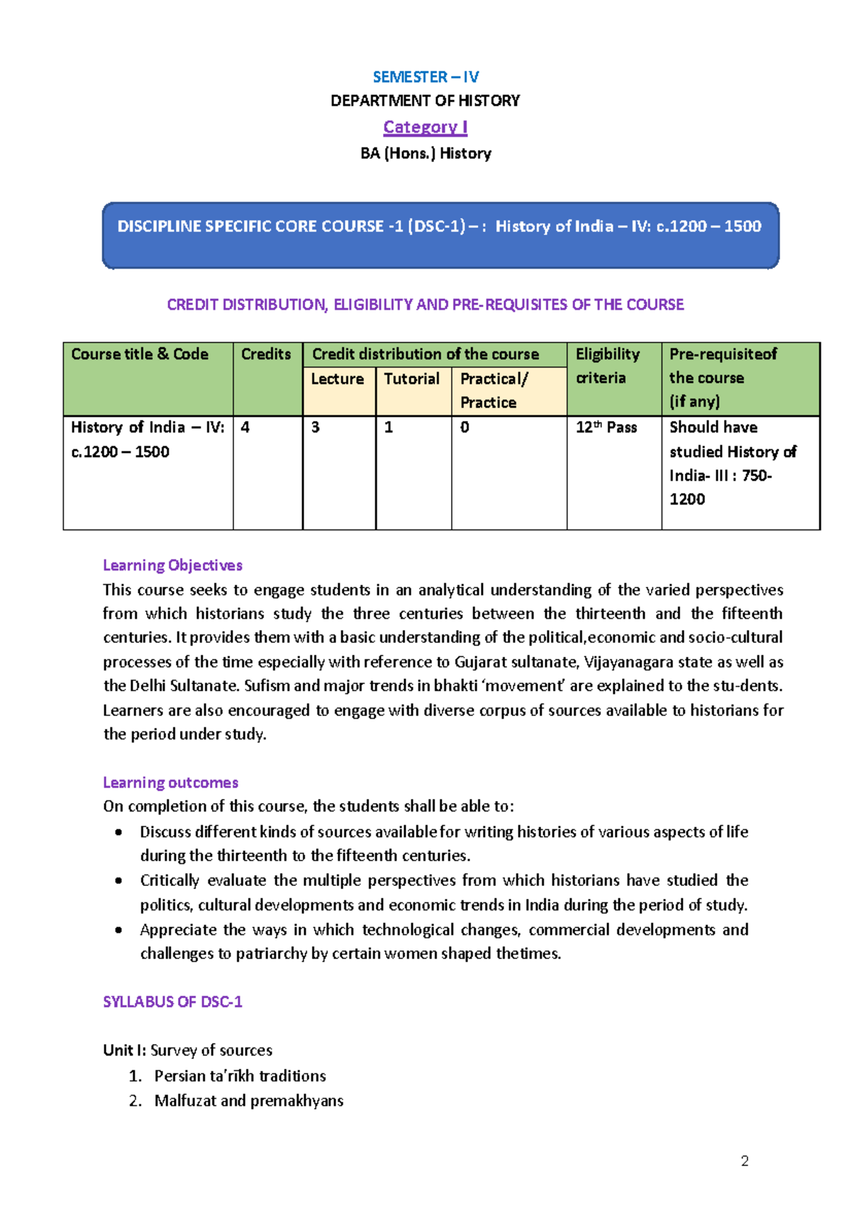 BA Hons History - Semester IV: NEP History of India - IV Syllabus - Studocu