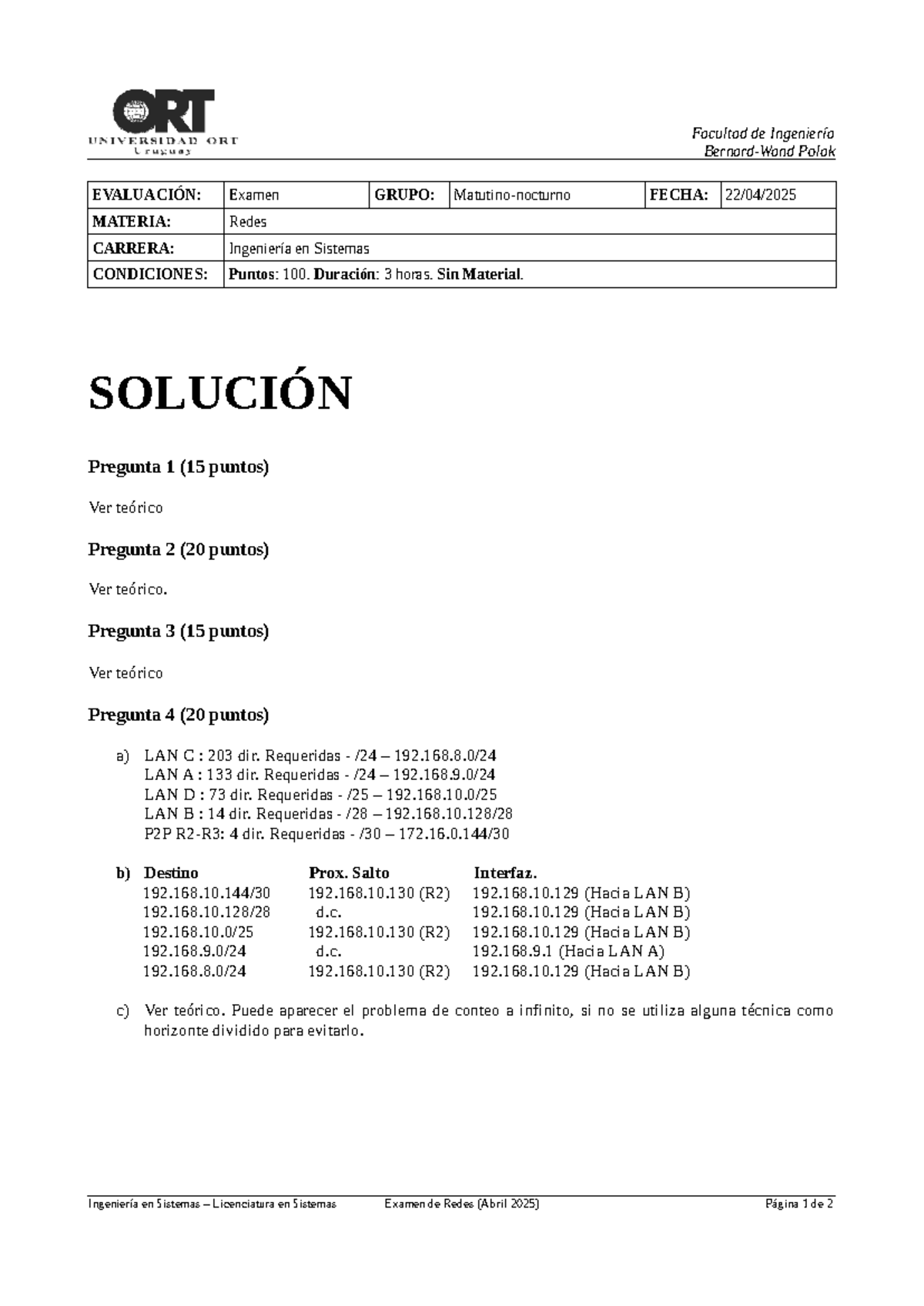 Examen de Redes (Ing. en Sistemas) - Soluciones Abril 2025 - Studocu