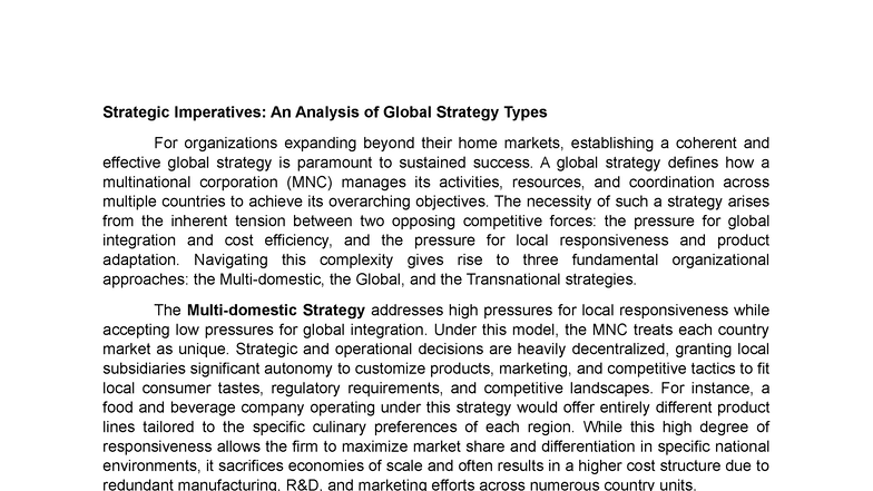 Global Strategy Types: Analyzing Strategic Imperatives for MNCs - Studocu