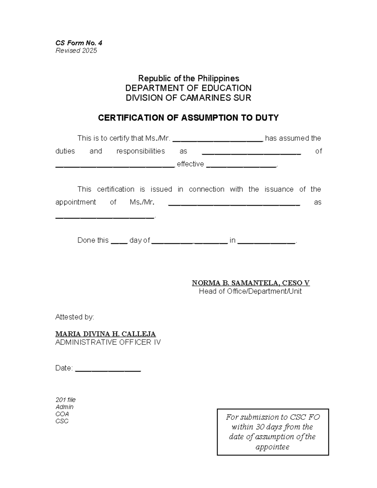 2025 certification of assumption to duty - CS Form No. 4 Revised 2025 ...