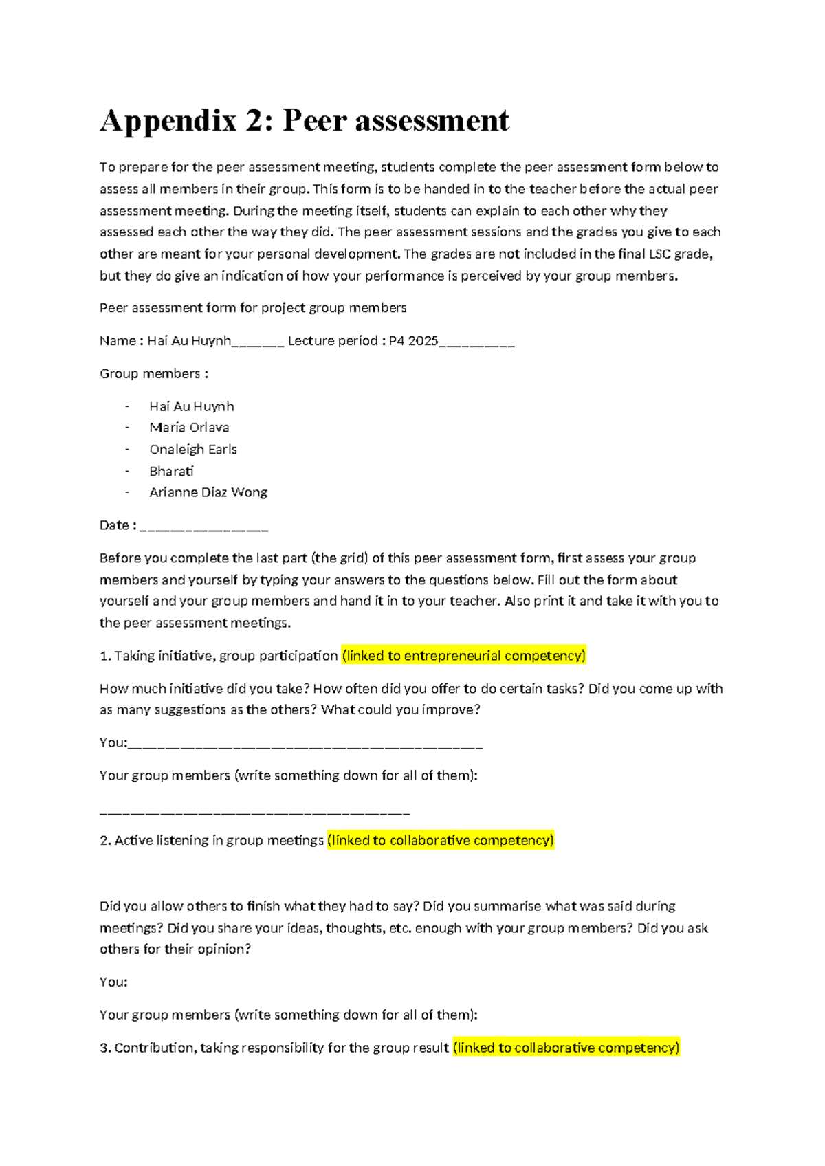 Peer Assessment Form for Group Members - LSC Lecture P4 - Studeersnel