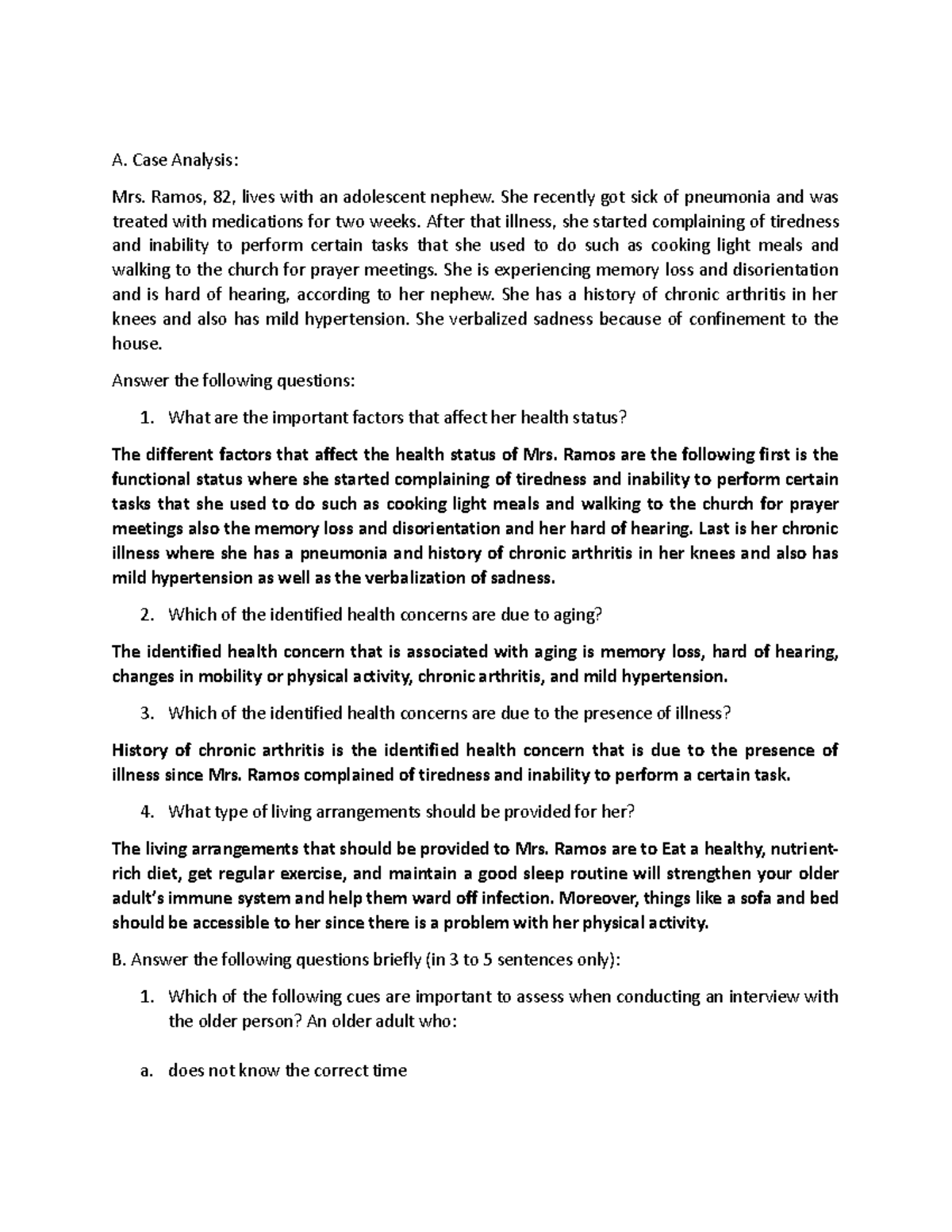 CARE OF Older Adults - N/A - A. Case Analysis: Mrs. Ramos, 82, lives ...