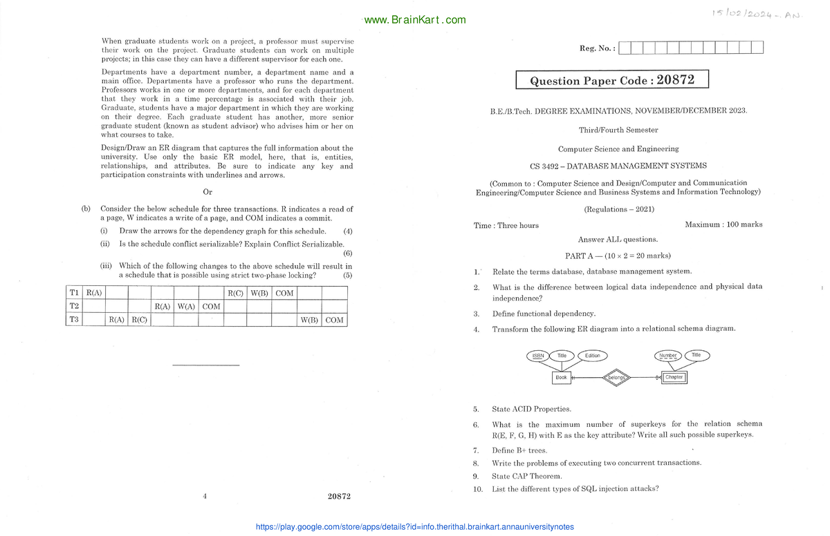 Database Management System - CS3492 Nov-Dec 2023 Question Paper - Studocu