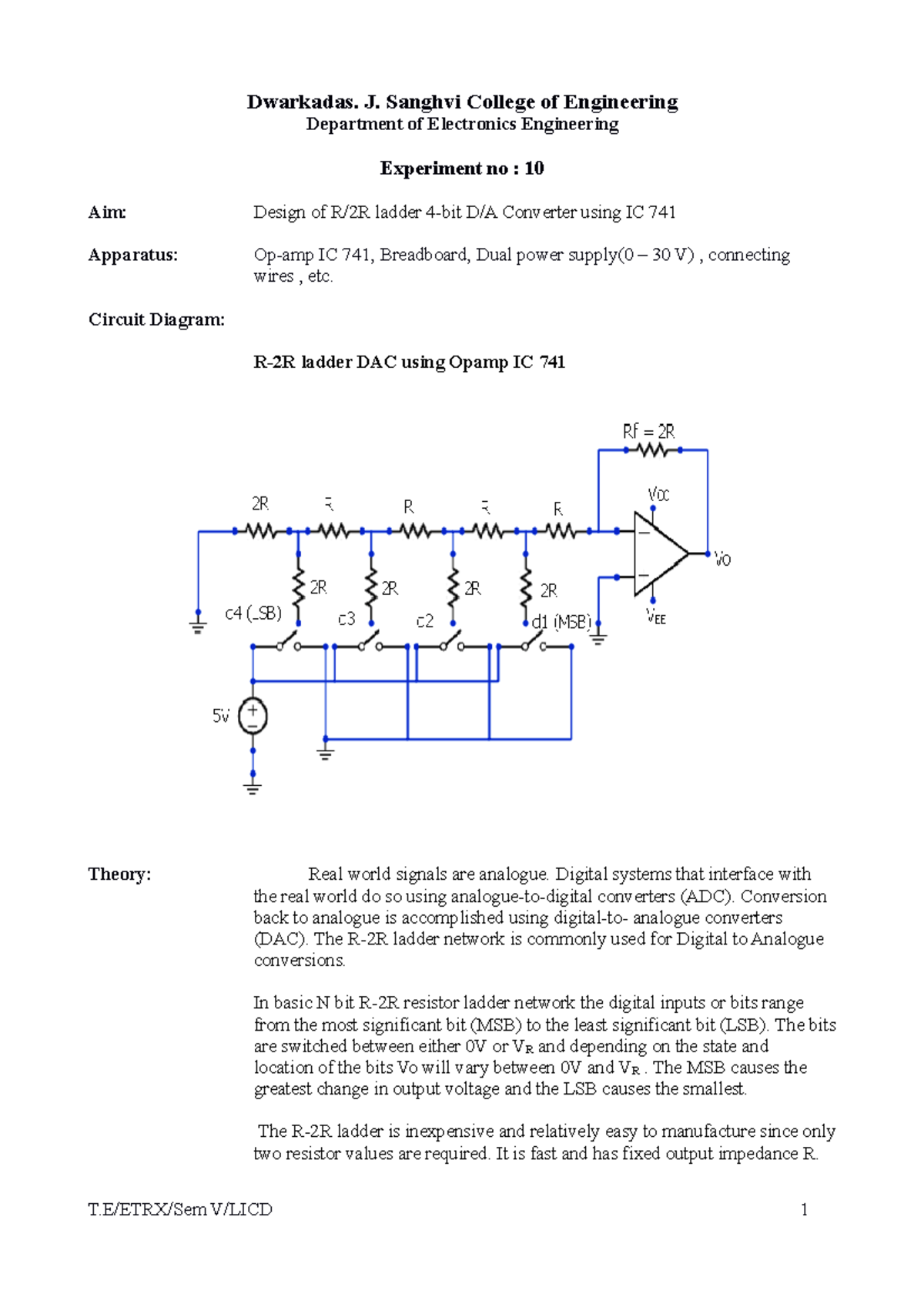 EE 210 - Experiment 10: R/2R Ladder 4-Bit D/A Converter Design - Studocu