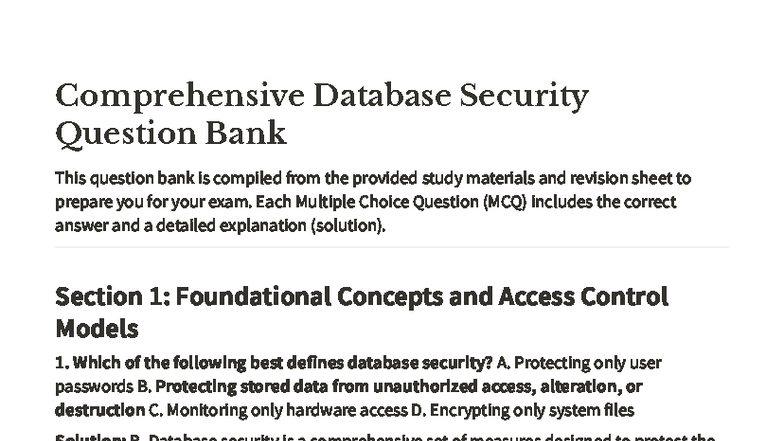 Database Security Question Bank: Comprehensive MCQs for Exam Prep - Studocu