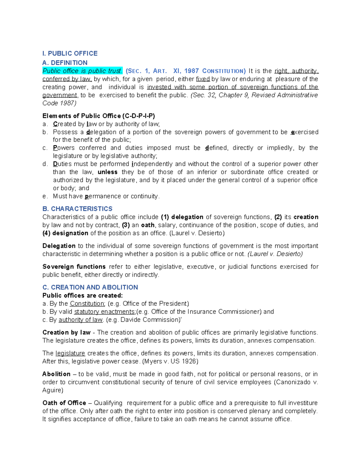 Summary of Legal Cases on Public Officials - LAW 101 Lecture Notes ...