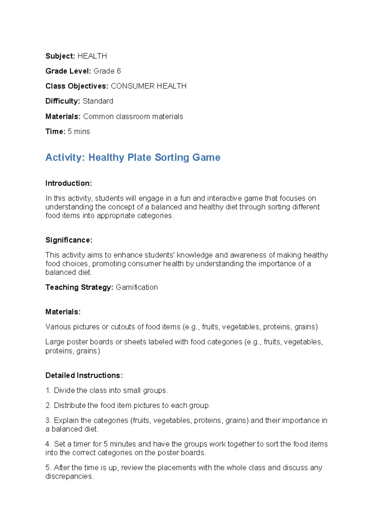 Activity - Subject: HEALTH Grade Level: Grade 6 Class Objectives ...