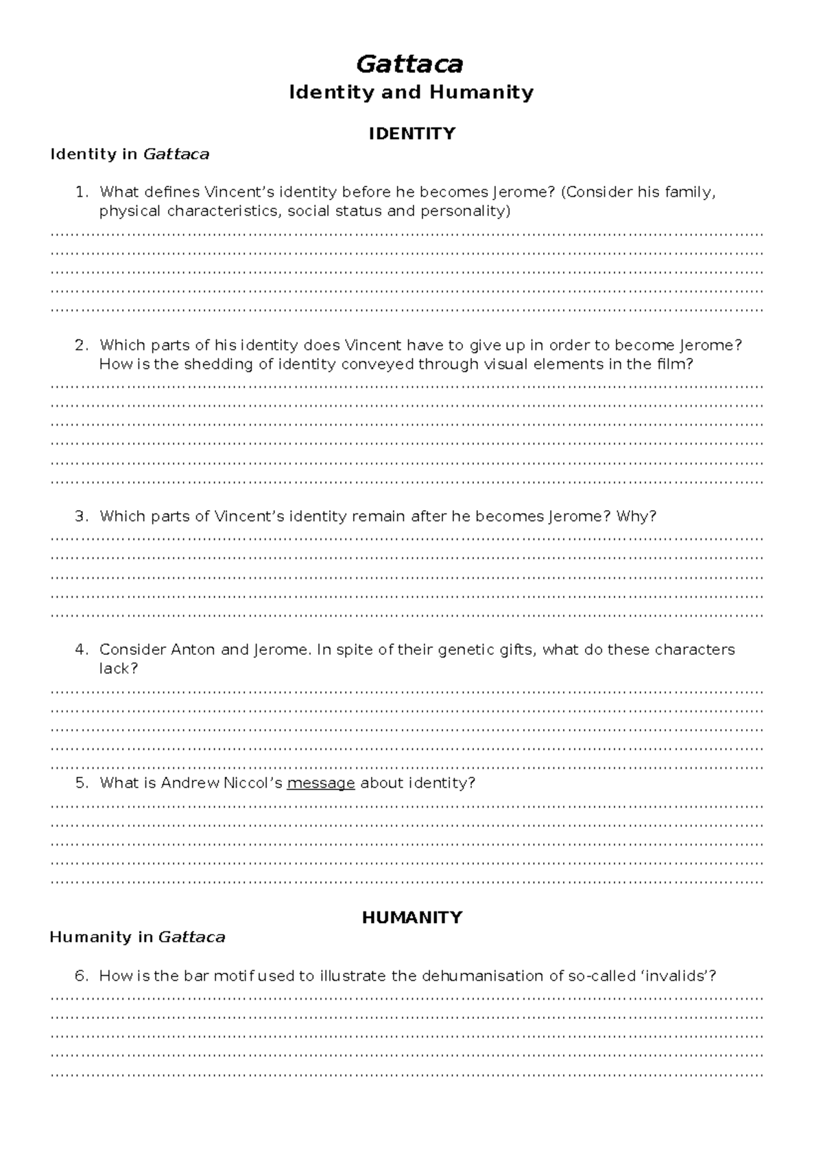 Gattaca IDENTITY & HUMANITY: Theme Questions Analysis - Studocu