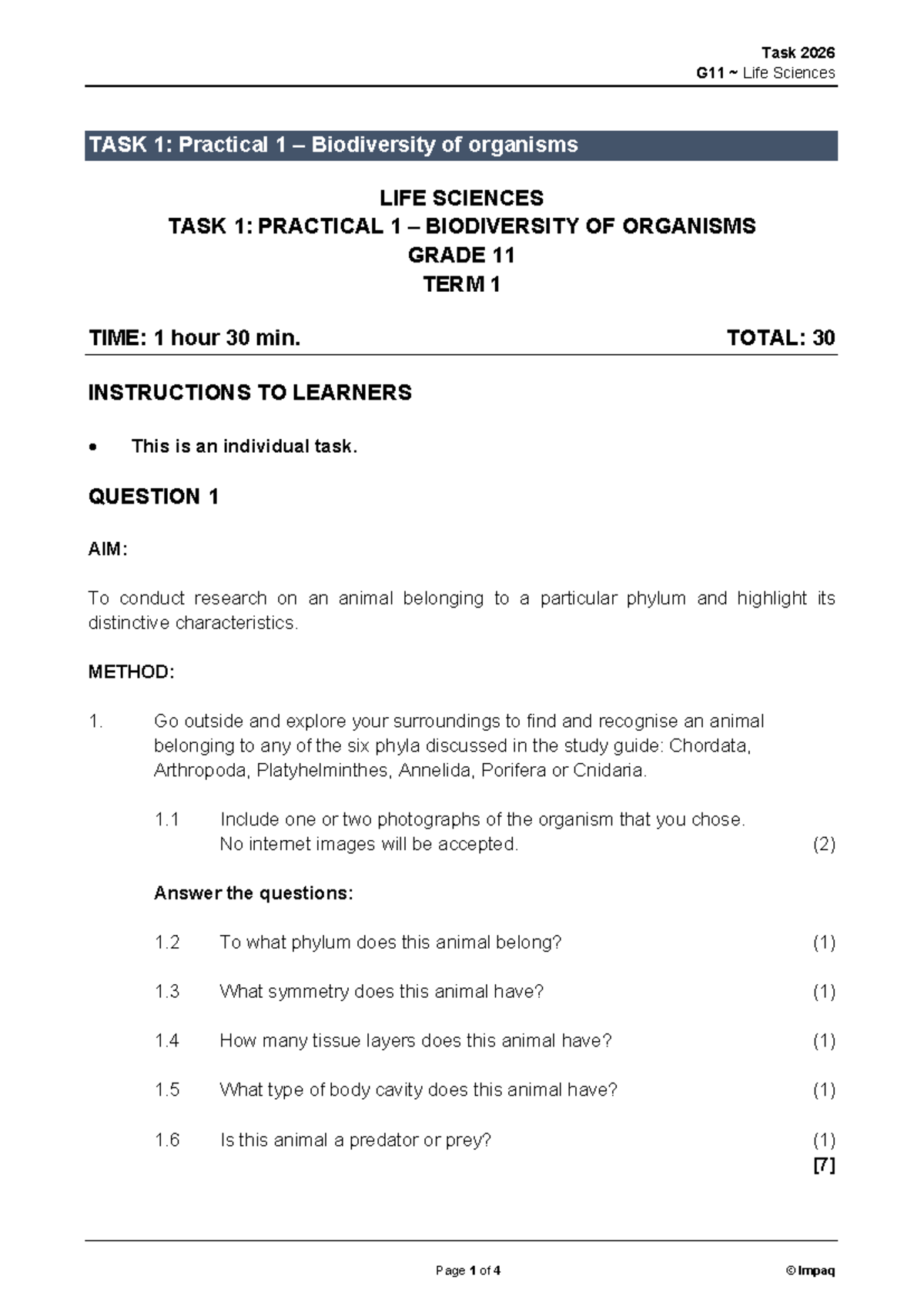 G11 Life Sciences Task 2026: Practical 1 on Biodiversity - Studocu