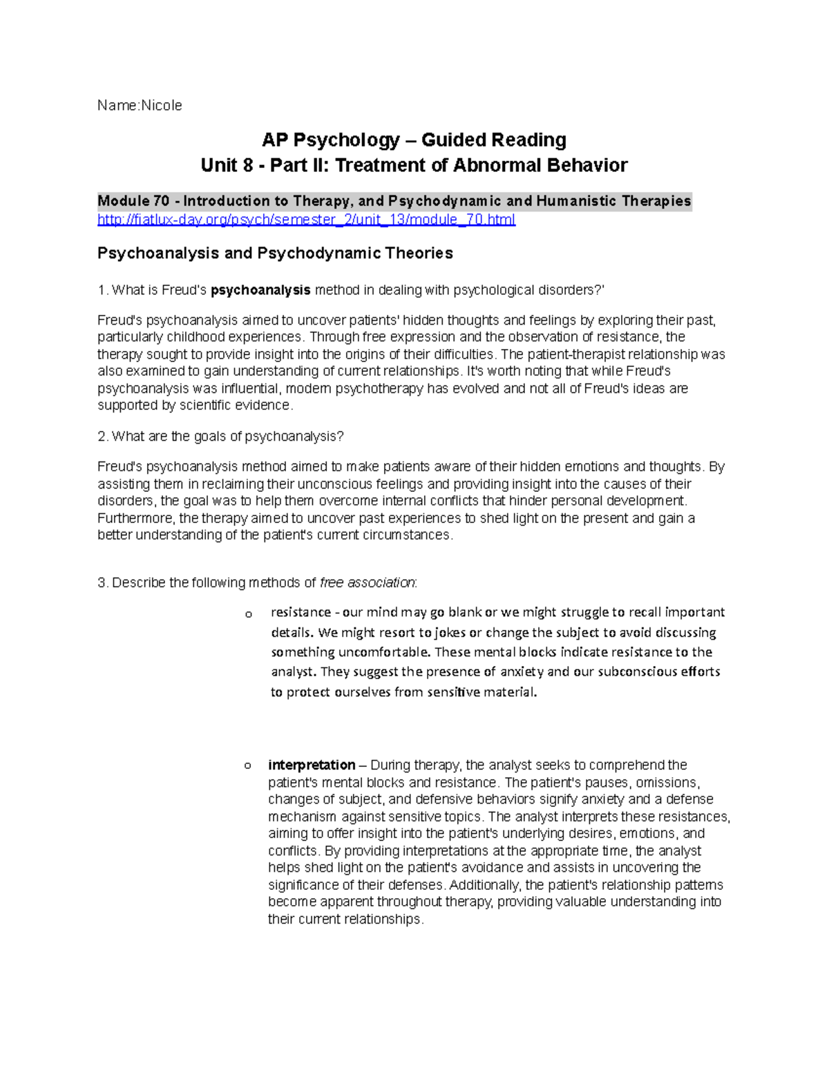 AP Psychology - Guided Reading Unit 8: Treatment of Abnormal Behavior ...