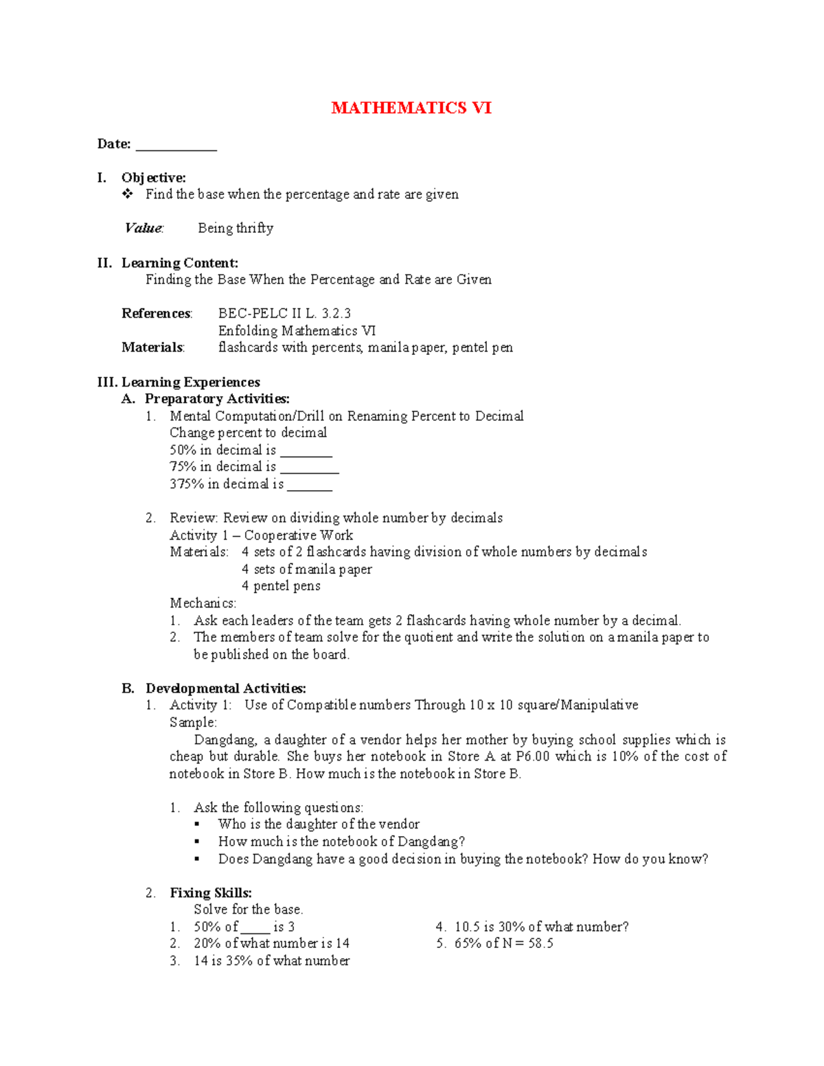DLP MATH 6 Q4 - Daily Lesson Log on Percentages and Integers - Studocu