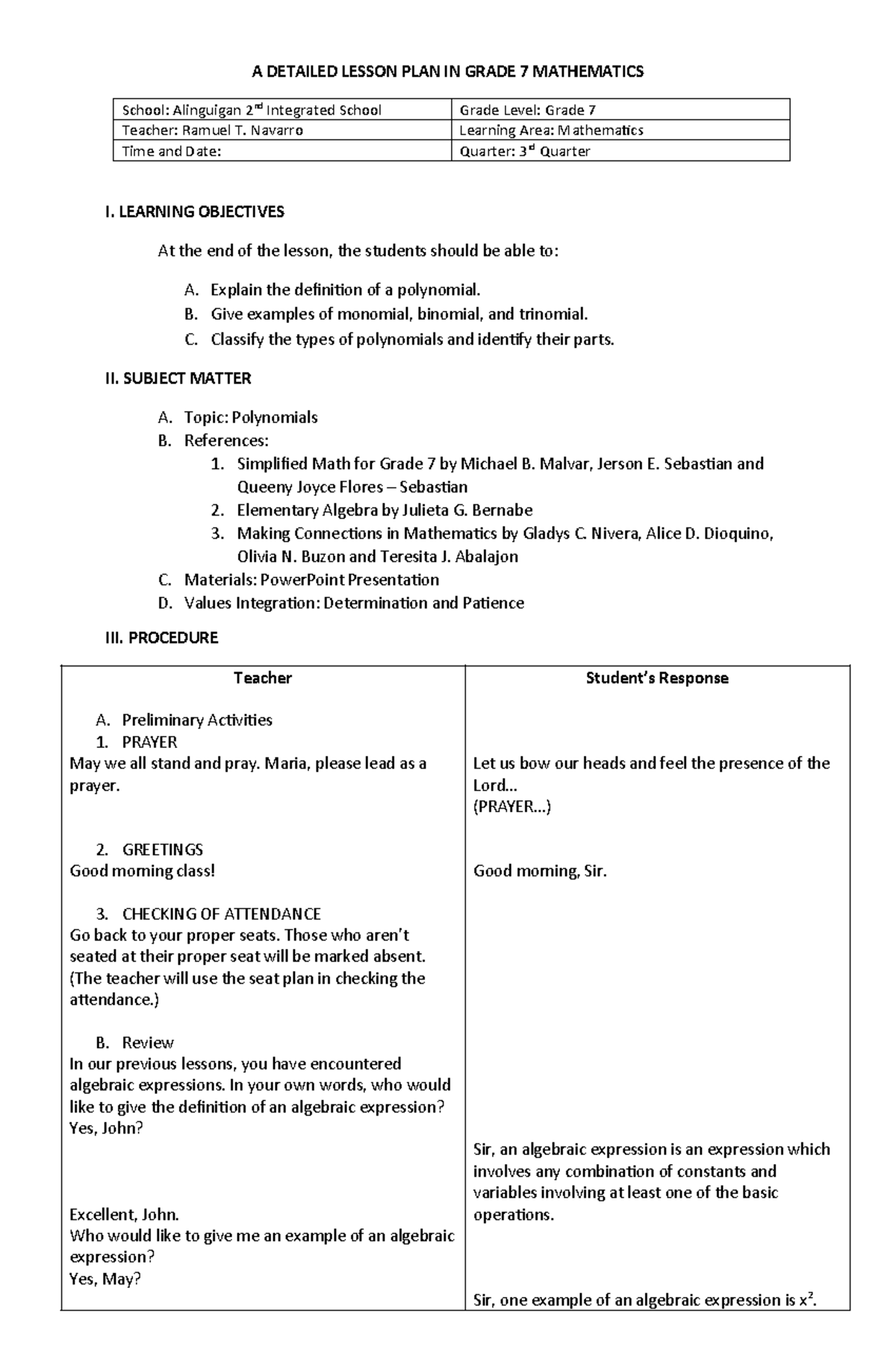 Math 7 Lesson Plan: Understanding Polynomials and Their Types - Studocu