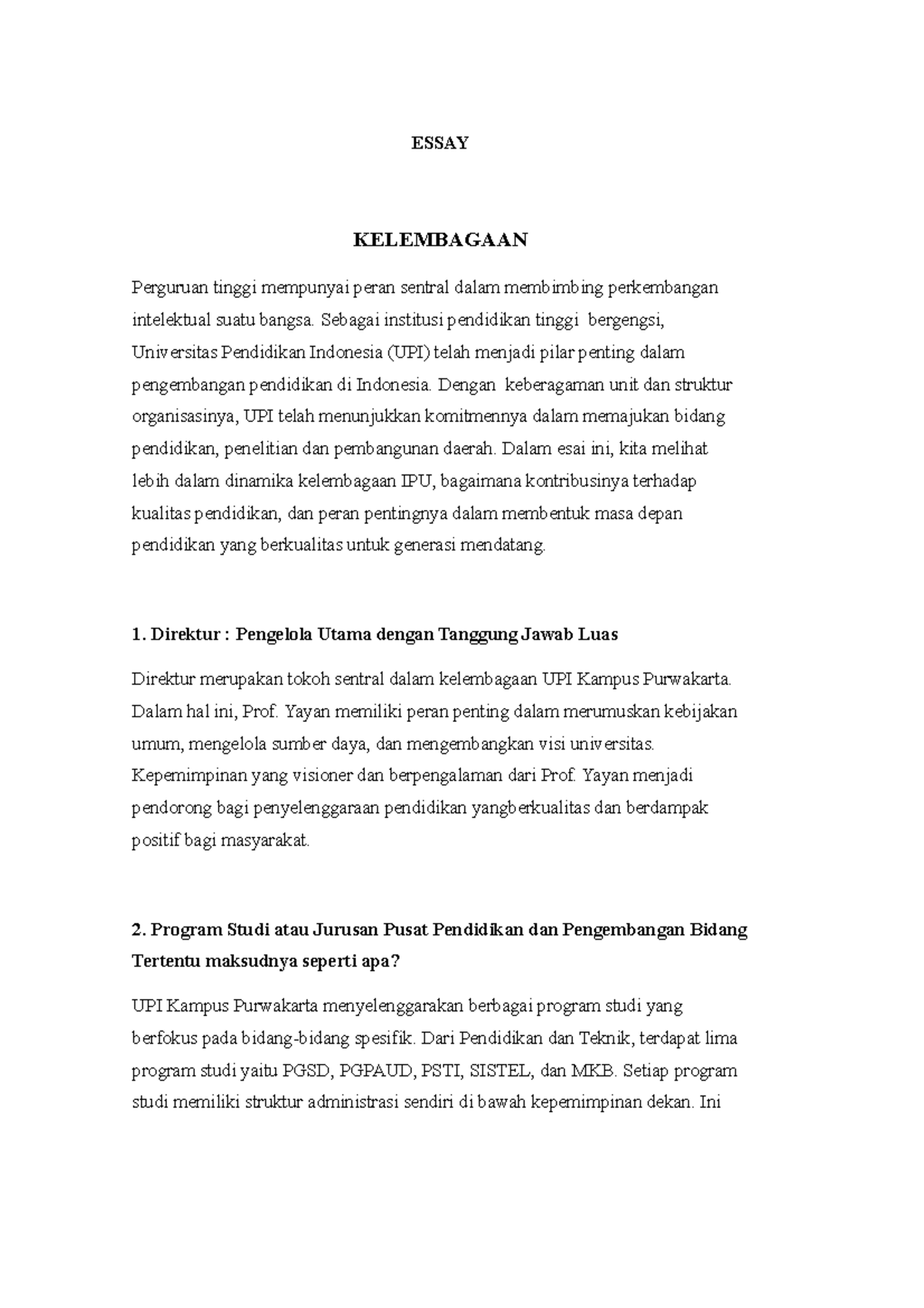 Essay Kelembagaan UPI: Peran dan Struktur dalam Pendidikan tinggi - Studocu