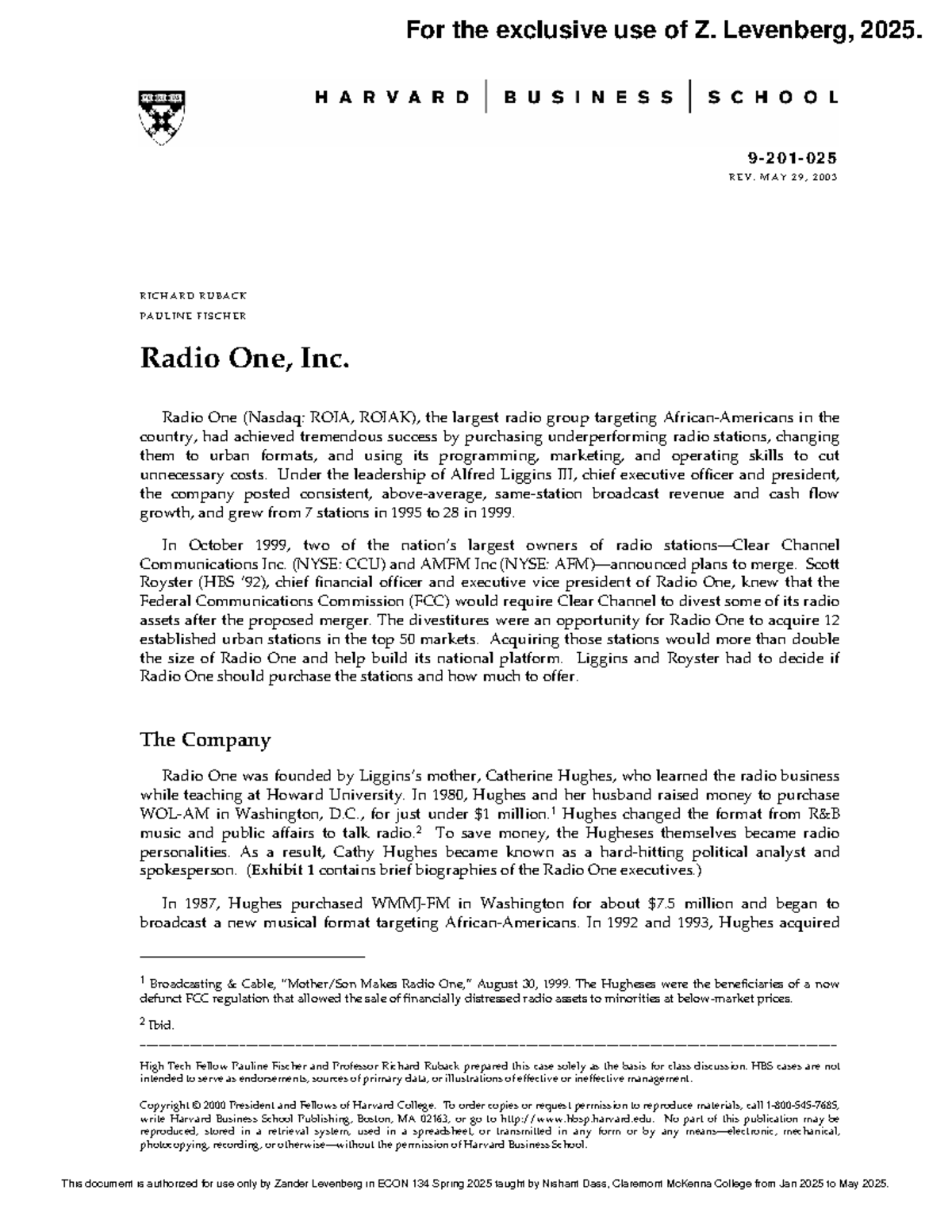 ECON 134 Case Study: Radio One, Inc. Growth Strategy and Acquisition ...