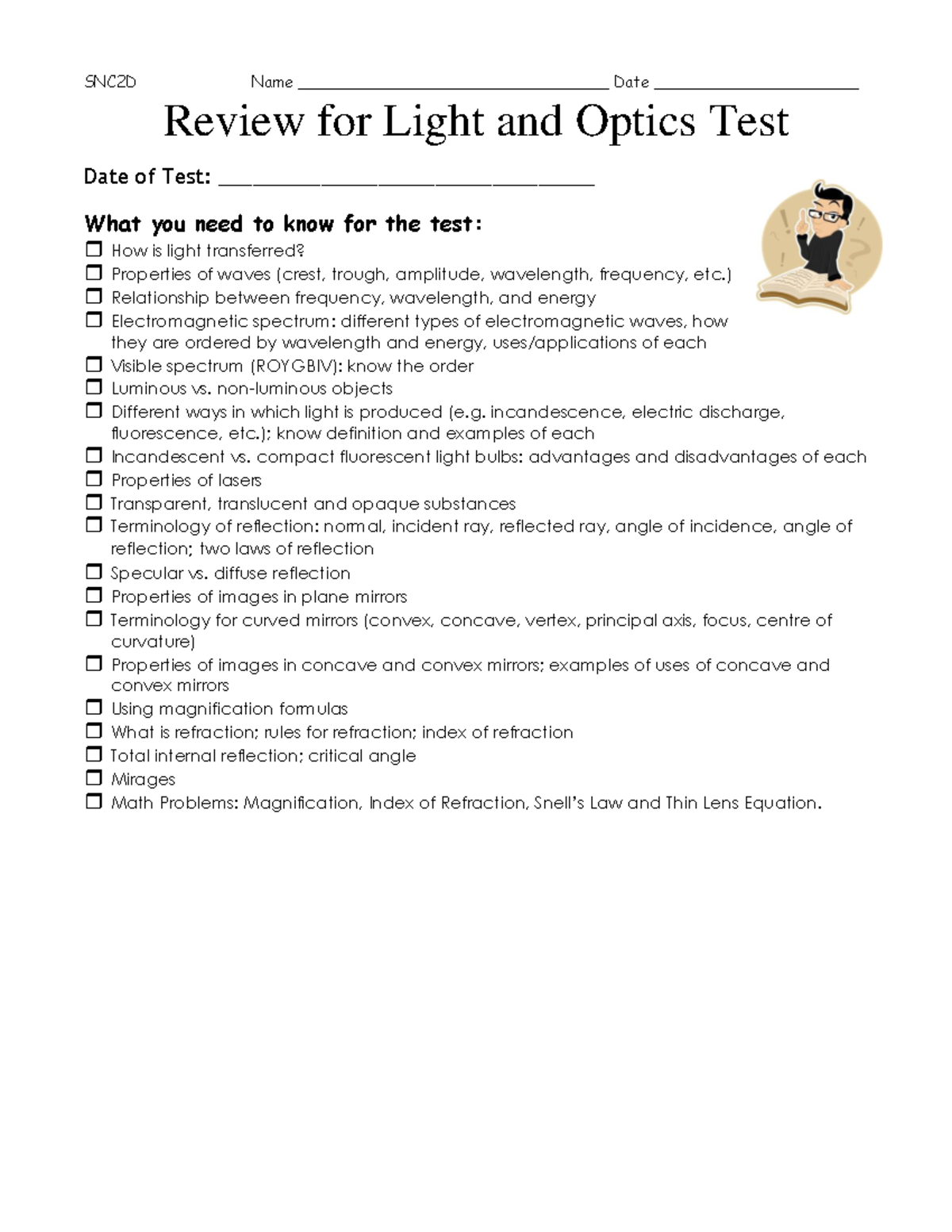 SNC2D Light and Optics Test Review: Notes & Sample Questions - Studocu