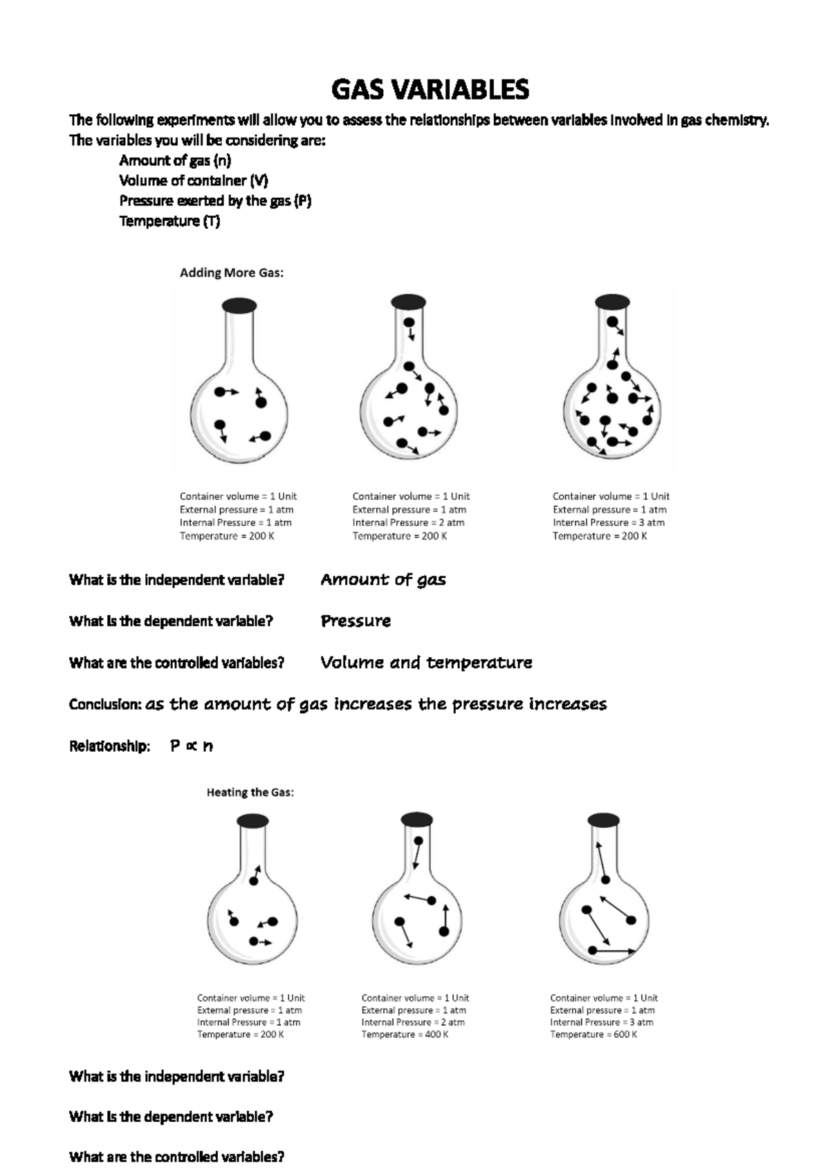 Gas Variables Worksheet: Exploring Pressure, Volume, and Temperature ...