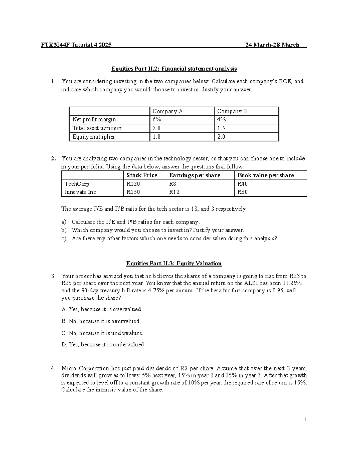 FTX3044F Tutorial 4: Equities Analysis & Investment Decisions 2025 ...