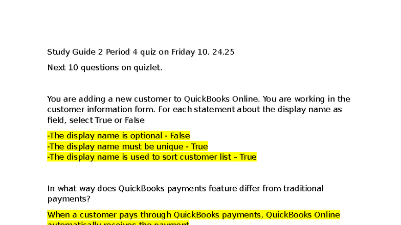 Study Guide 2: Period 4 Quiz on QuickBooks Online Concepts - Studocu