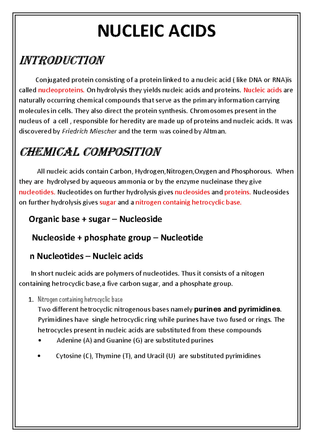 Nucleic Acids - Lecture Notes for Chemistry Students (CHEM 101) - Studocu