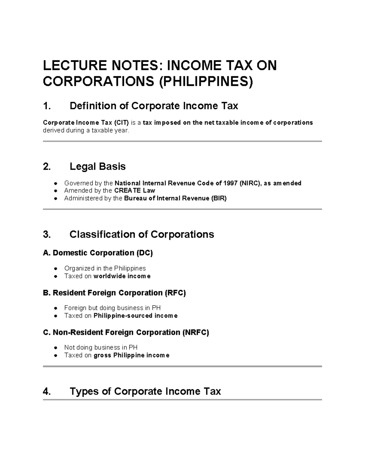 LECTURE NOTES: CORPORATE INCOME TAX IN THE PHILIPPINES - Studocu