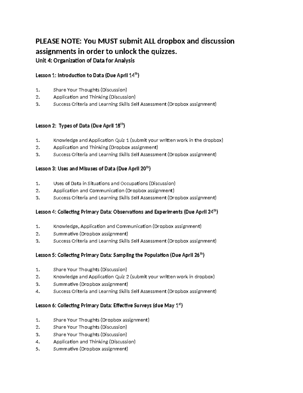 Unit 4 - Data Analysis Structure: Assignments & Due Dates - Studocu
