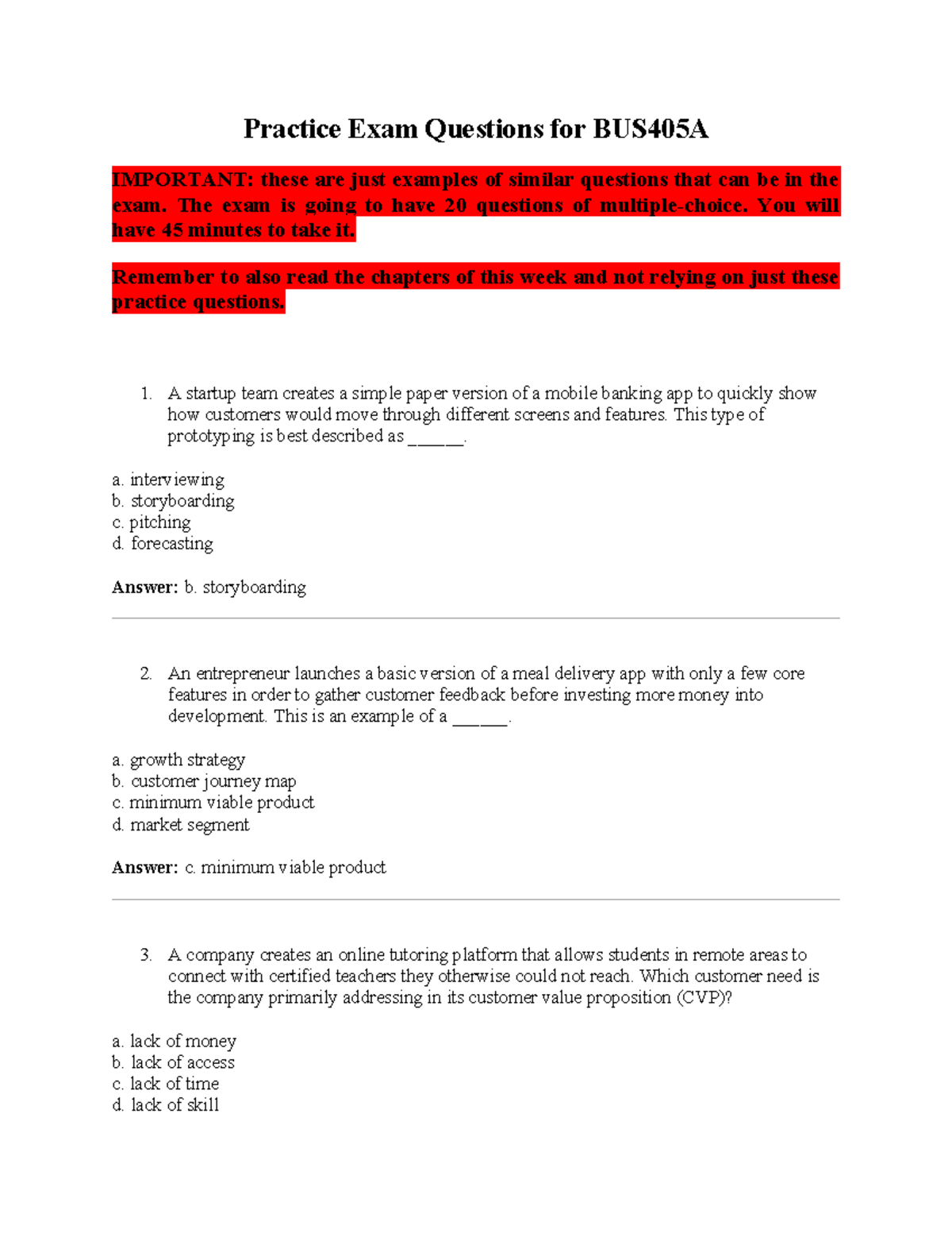 Practice Exam Questions for BUS405A: Key Concepts & Examples - Studocu