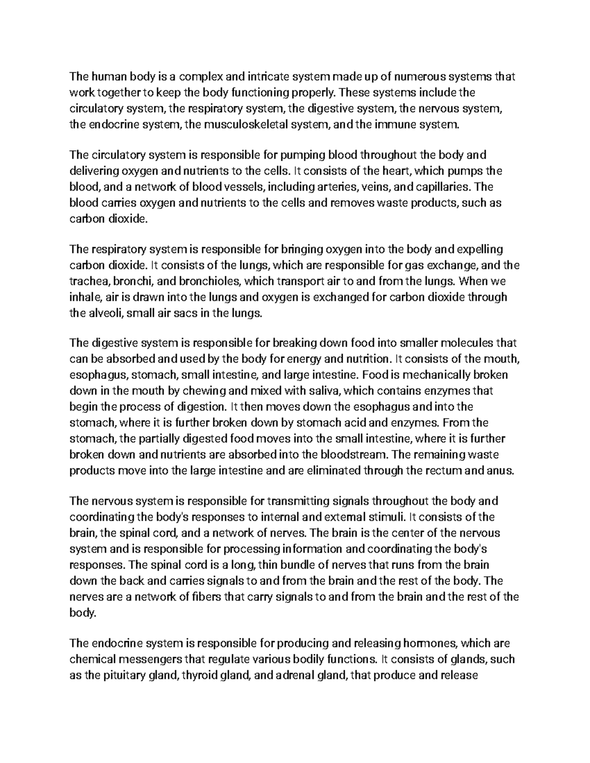 Essay on Human Body Systems: Functions and Interactions - Studocu