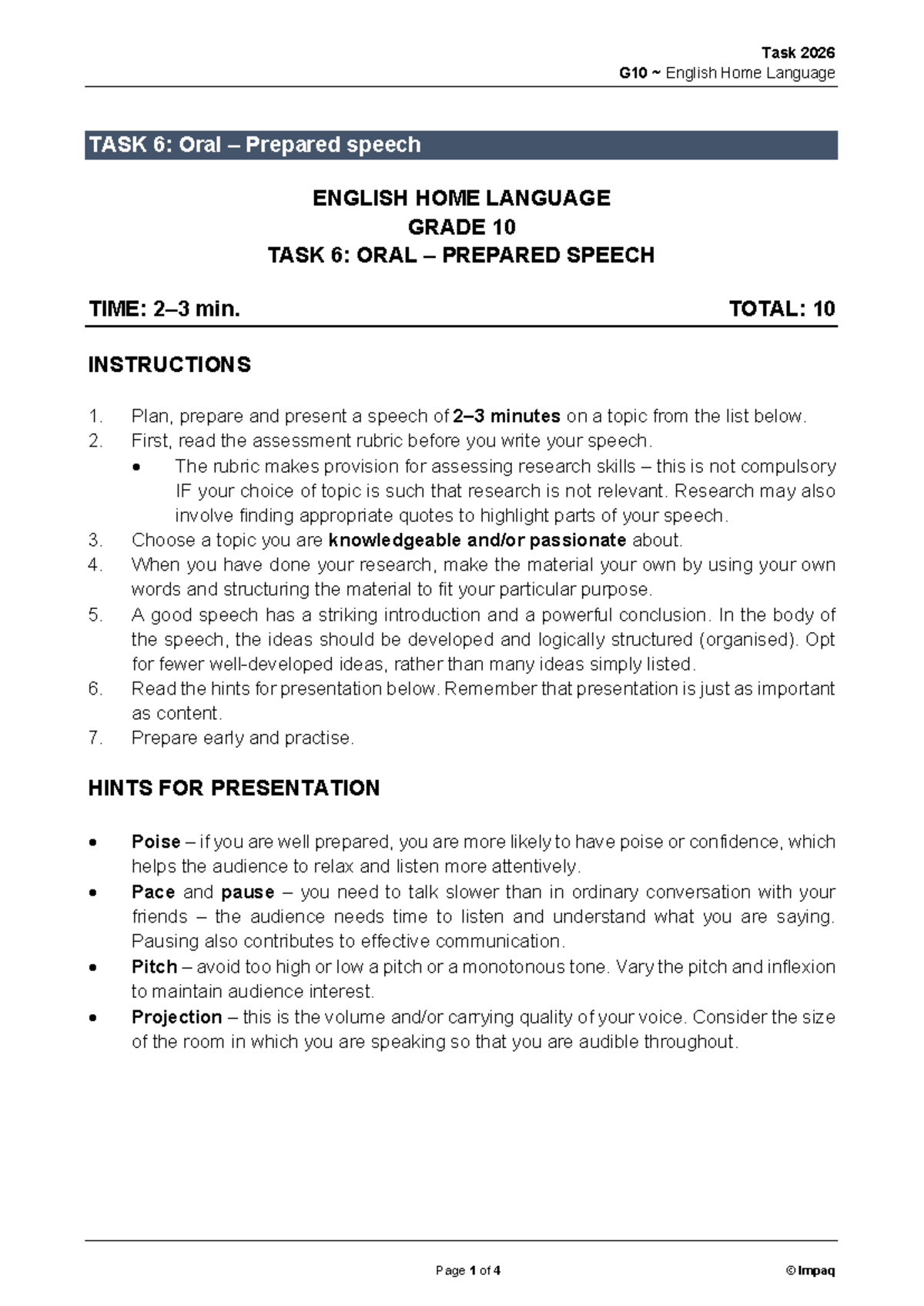 G10 English Home Language Task 6: Oral Prepared Speech Guidelines - Studocu