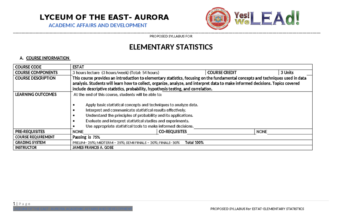 Elementary Statistics (ESTAT) Course Syllabus and Overview - Studocu