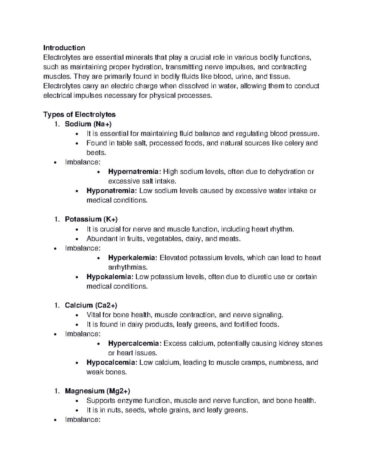 Electrolytes: Essential Minerals and Their Imbalances - Overview - Studocu