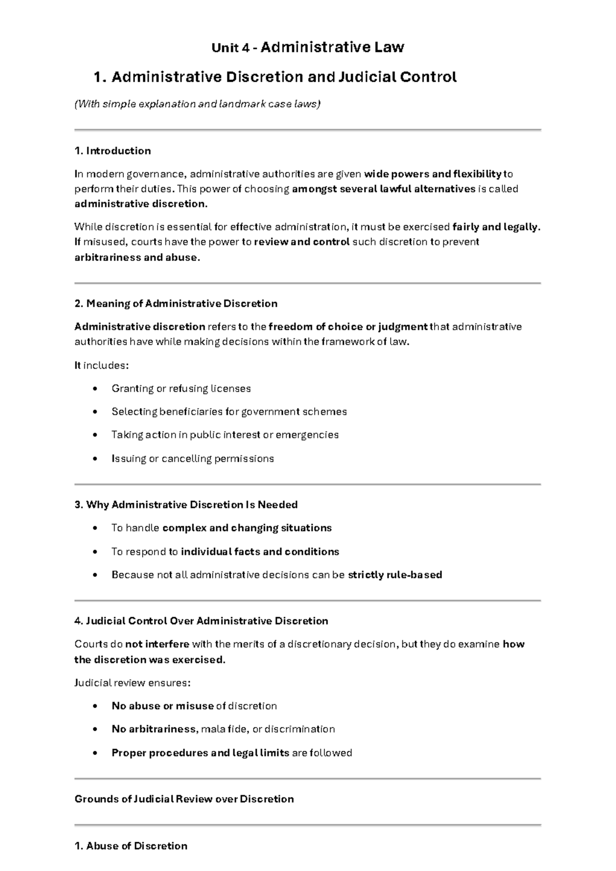 Unit 4 Administrative Law: Discretion, Judicial Control & Landmark ...