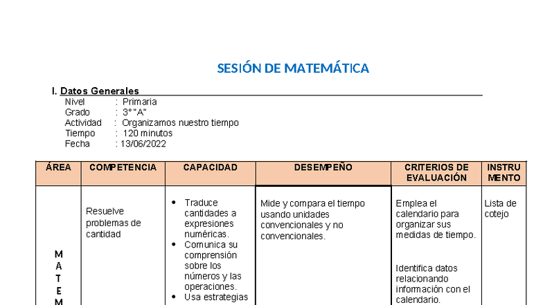 SESION DE MATEMÁTICA I: Organizamos Nuestro Tiempo y Calendario - Studocu