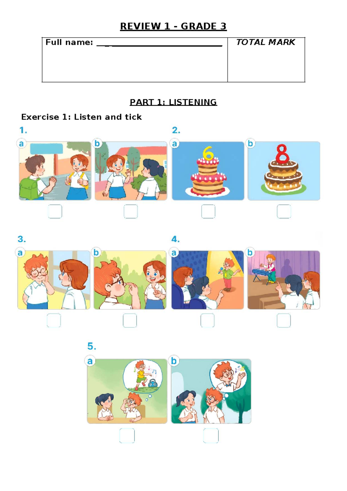 REVIEW 1 - GRADE 3 Listening, Reading, and Writing Exercises - Studocu
