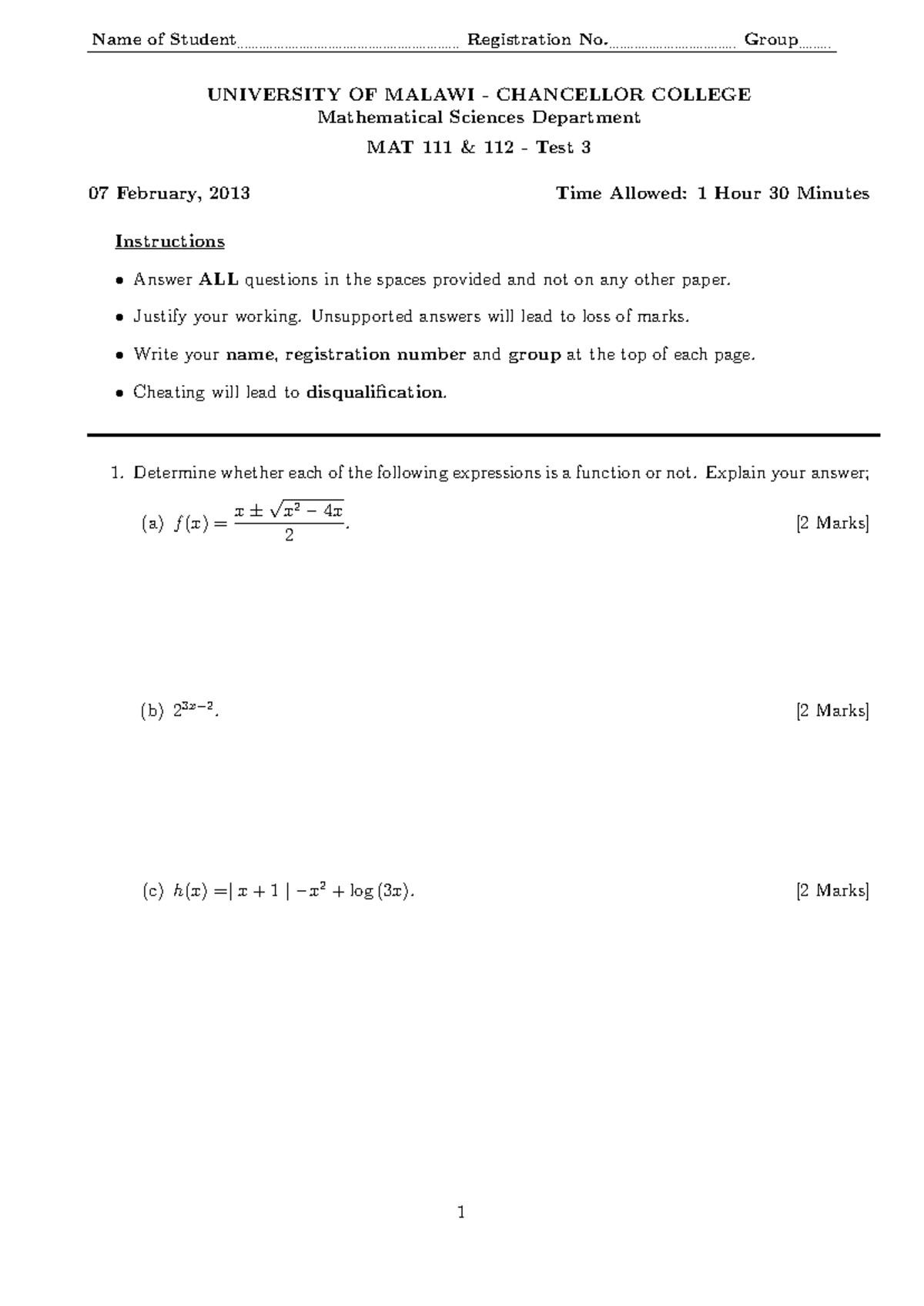 MAT 112 Test 3: Functions and Graphs - February 2013 Exam - Studocu