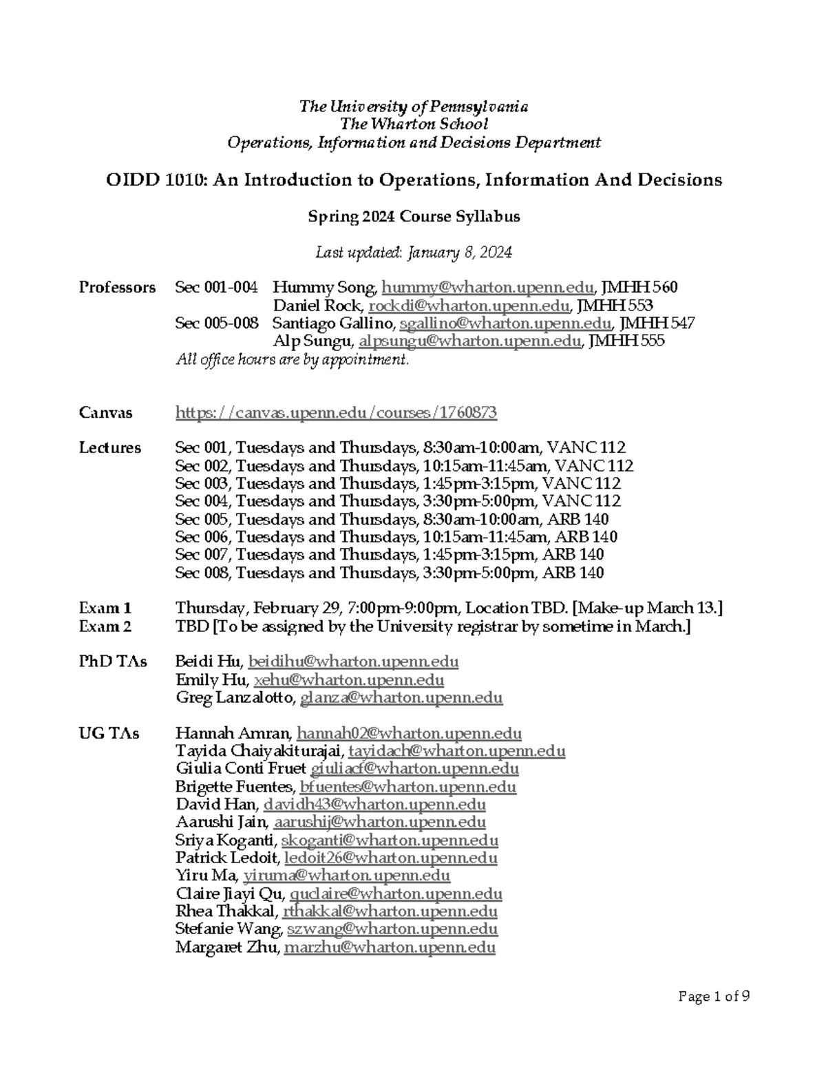 OIDD 1010 Spring 2024 Course Syllabus: Operations & Decisions Insights - Studocu