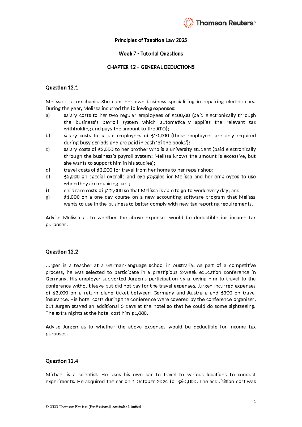 Taxation Law 2025: Week 7 Tutorial Questions on Deductions - Studocu