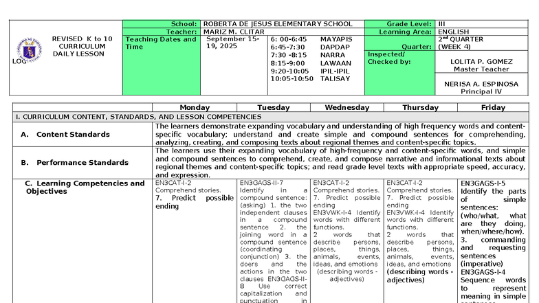 English 3 Q2 WEEK 4 Daily Lesson Plan - Studocu