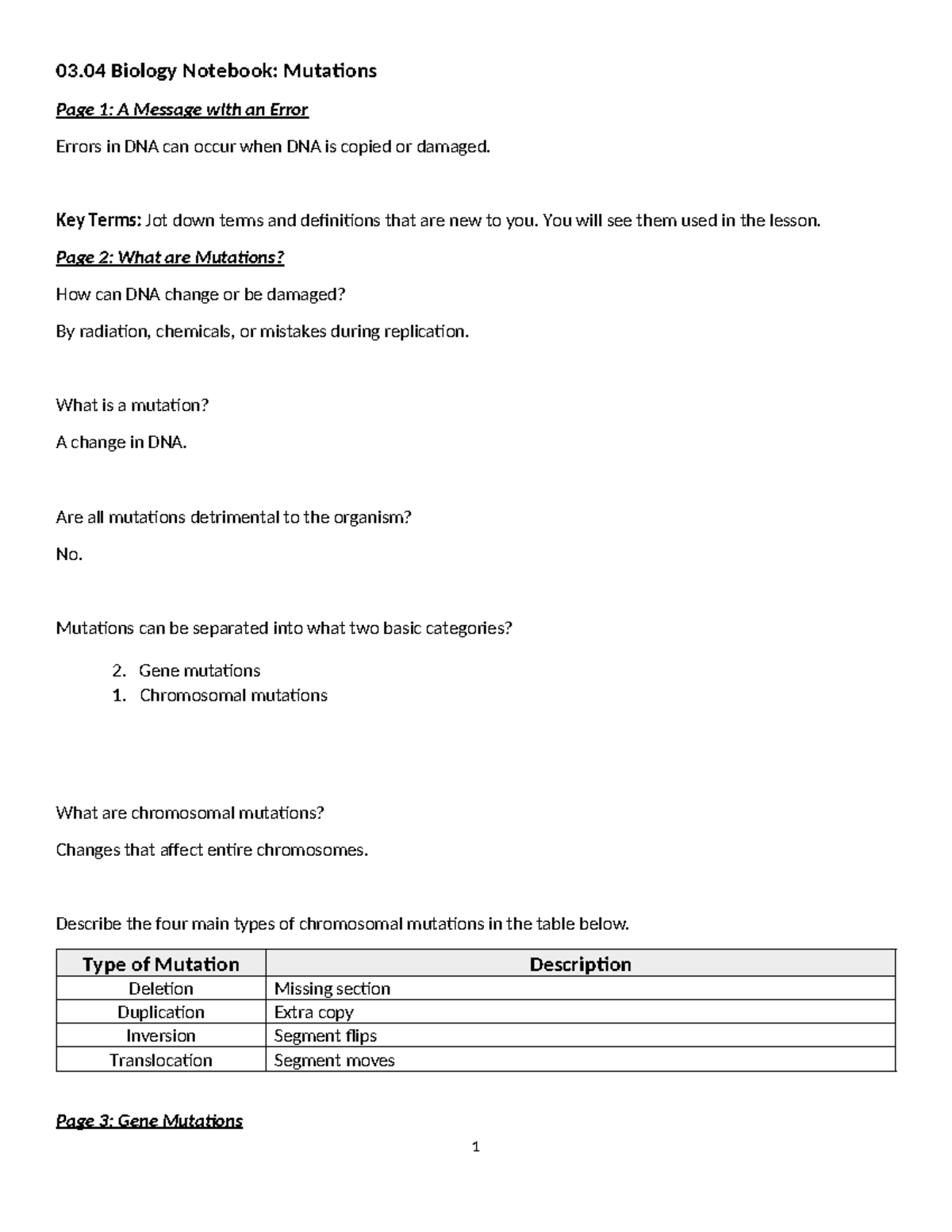 03.04 Biology Guided Notes: Understanding Mutations and Their Impact ...