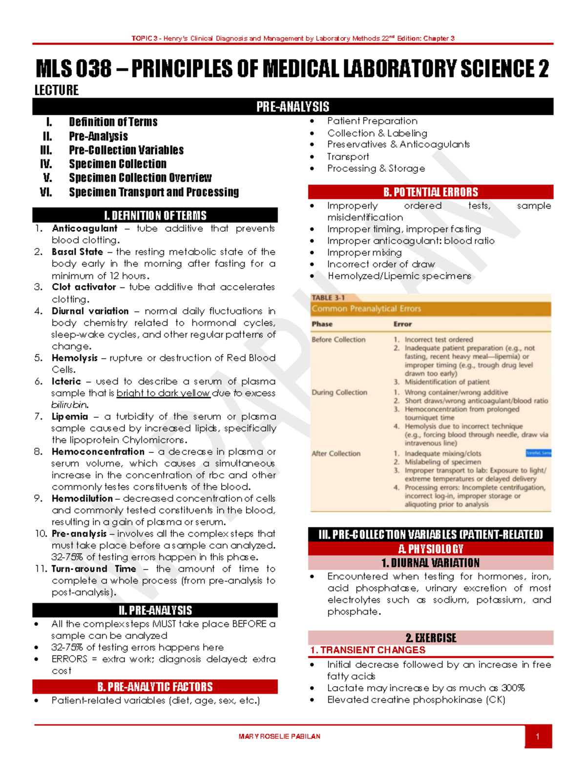 MLS 038 Chapter 3: Pre-Analysis in Medical Lab Science - Studocu