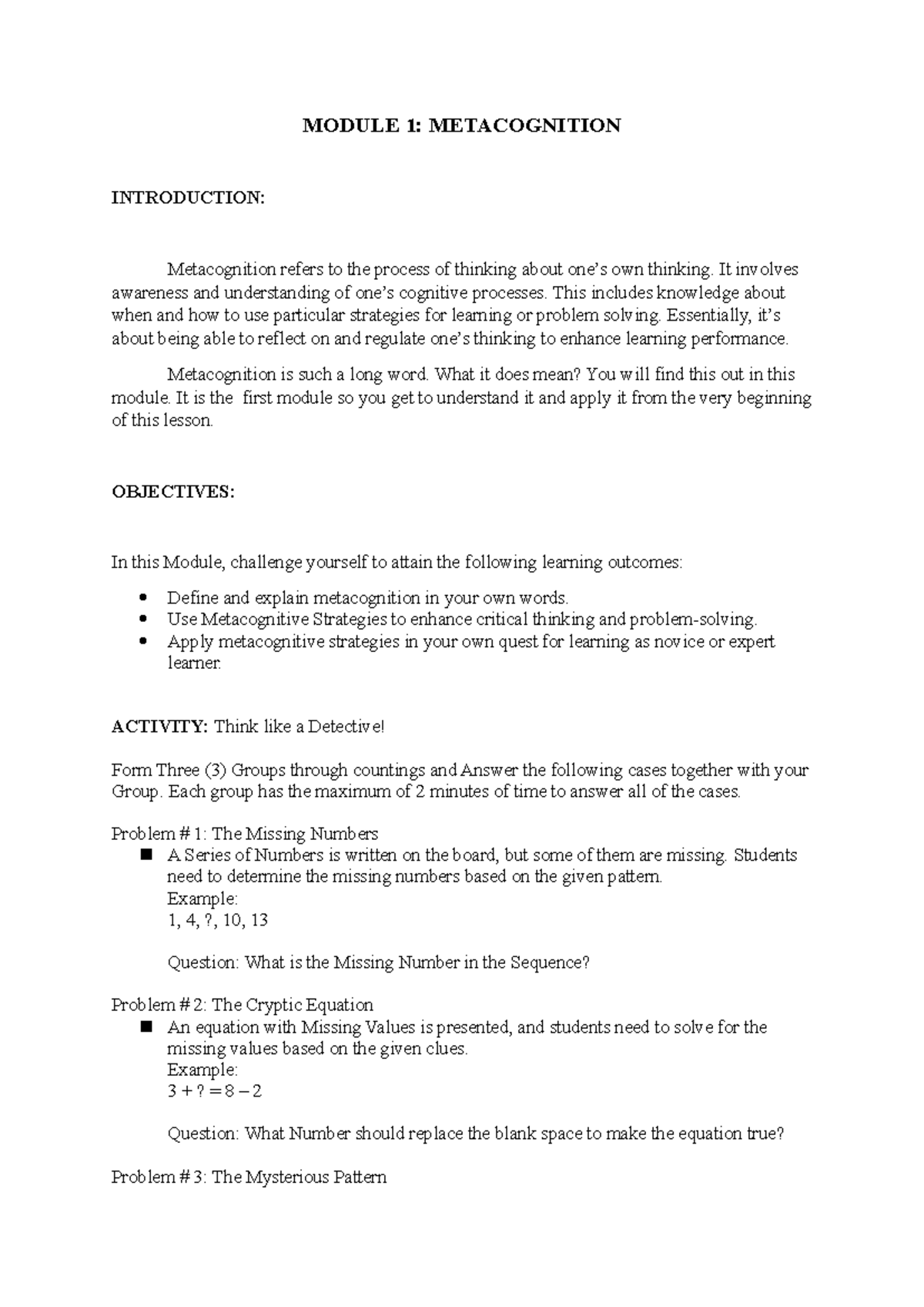 Title: METACOGNITION AND LEARNER CENTERED PSYCHOLOGY (LCP) MODULE 1 - Studocu