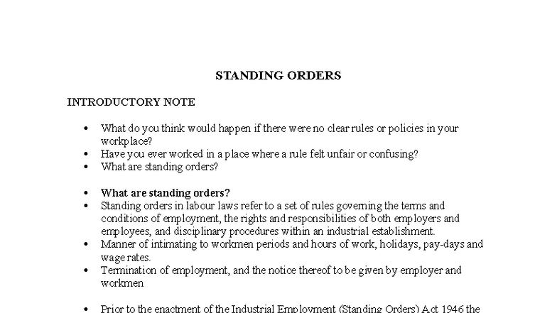 Standing Orders - Class Notes (Labour Law 101) - Studocu