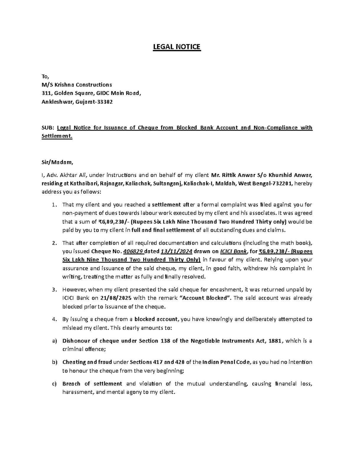 Legal Notice: Krishna Constructions - Cheque Issuance Issues - Studocu