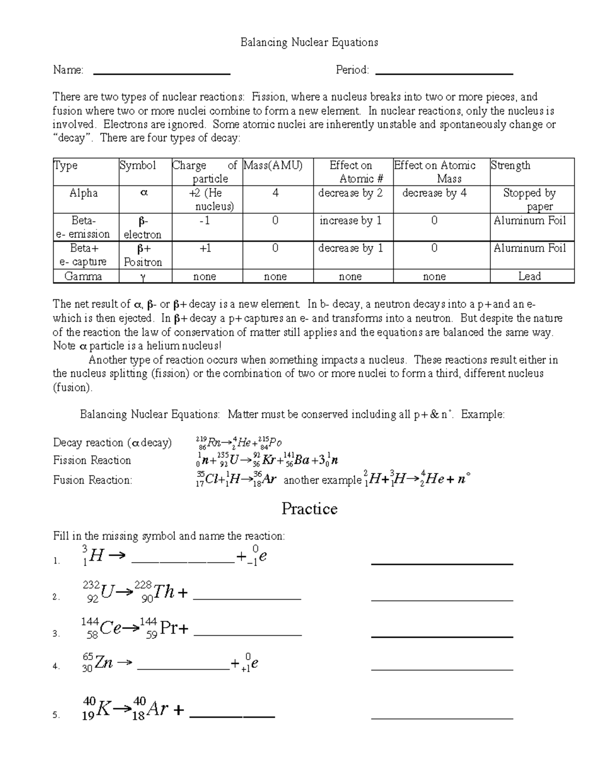 Balancing Nuclear Equations: Fission & Fusion Reactions (Chem 101 ...