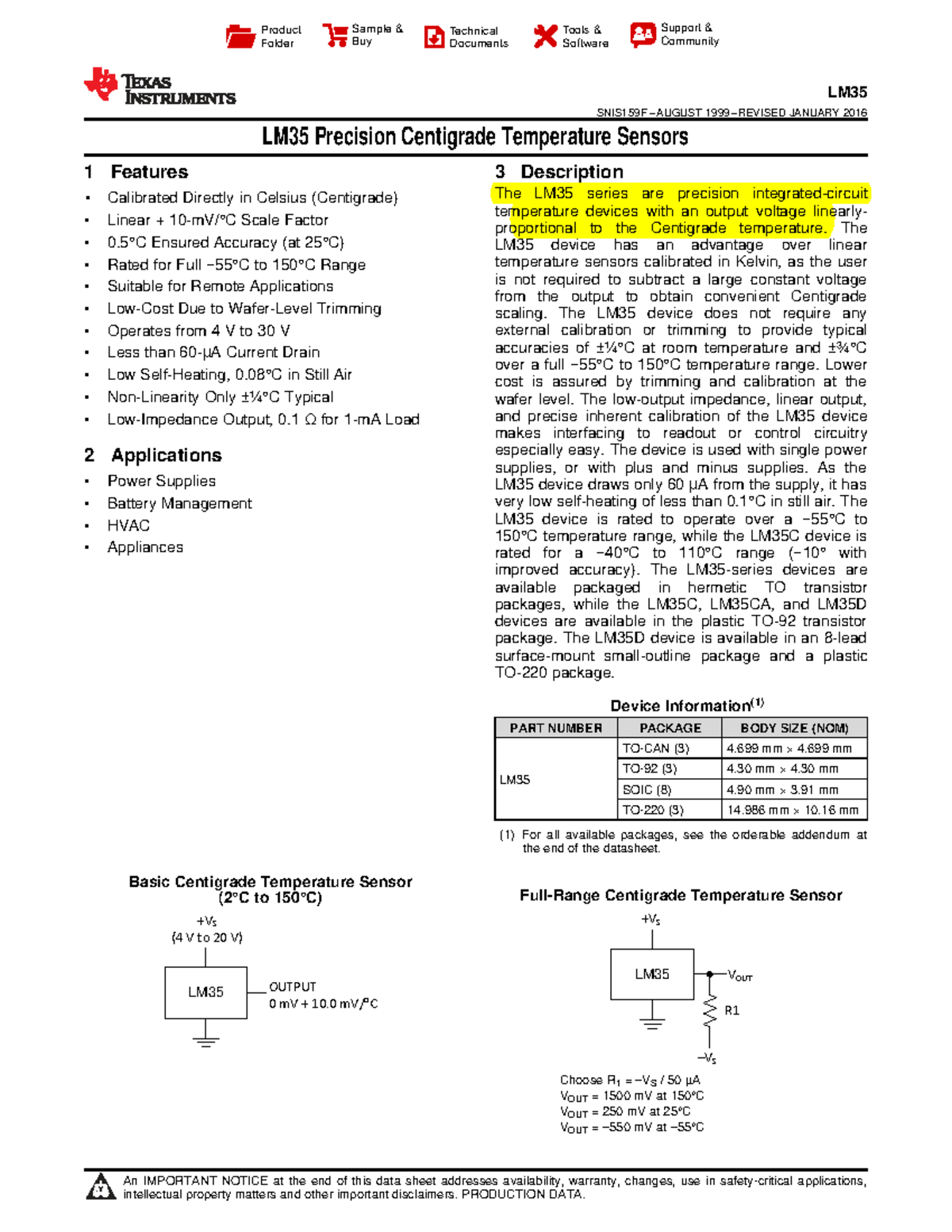 LM35 Temperature Sensor Technical Document - SNIS159F - Studocu