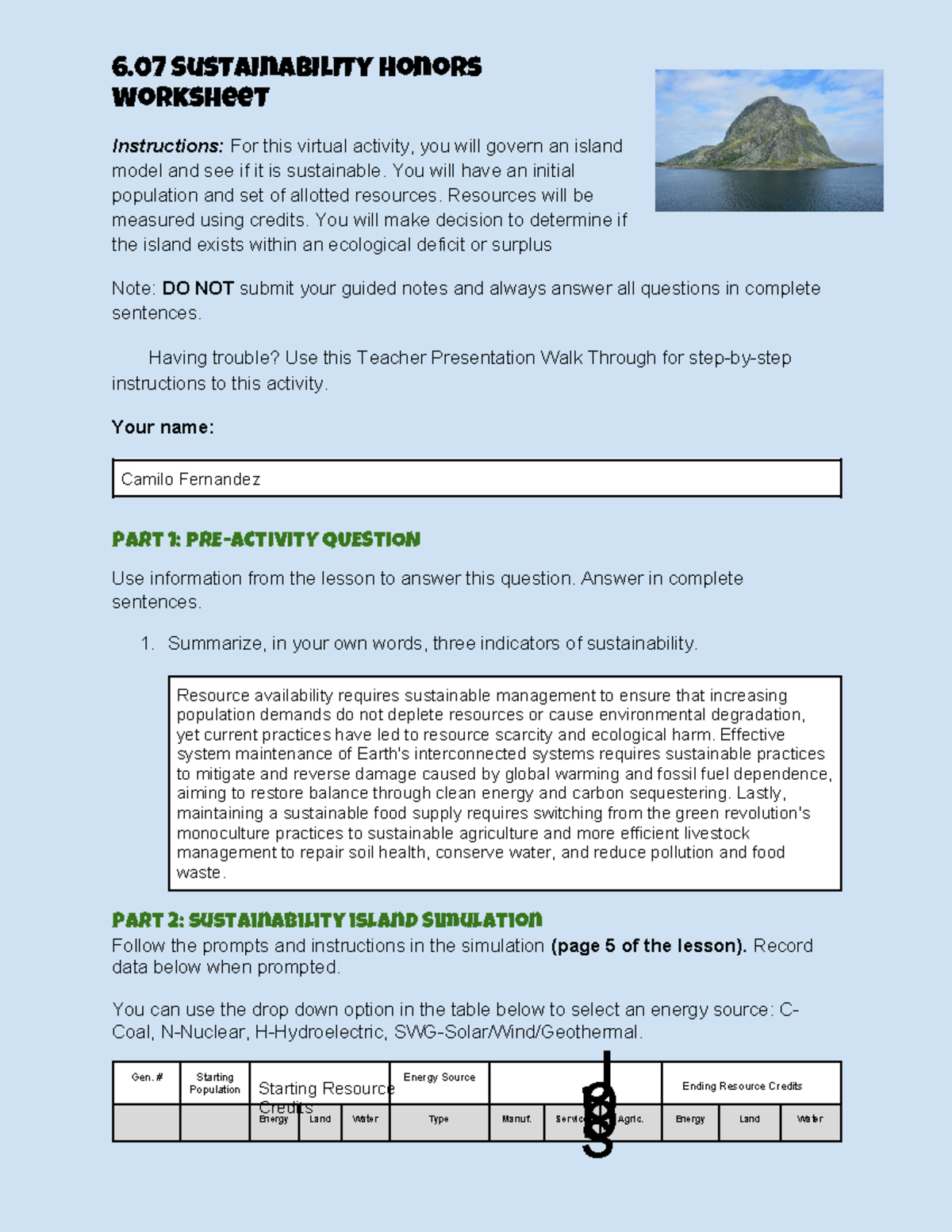 Sustainability Honors Worksheet 2023-2024 for 6.07 Environmental ...