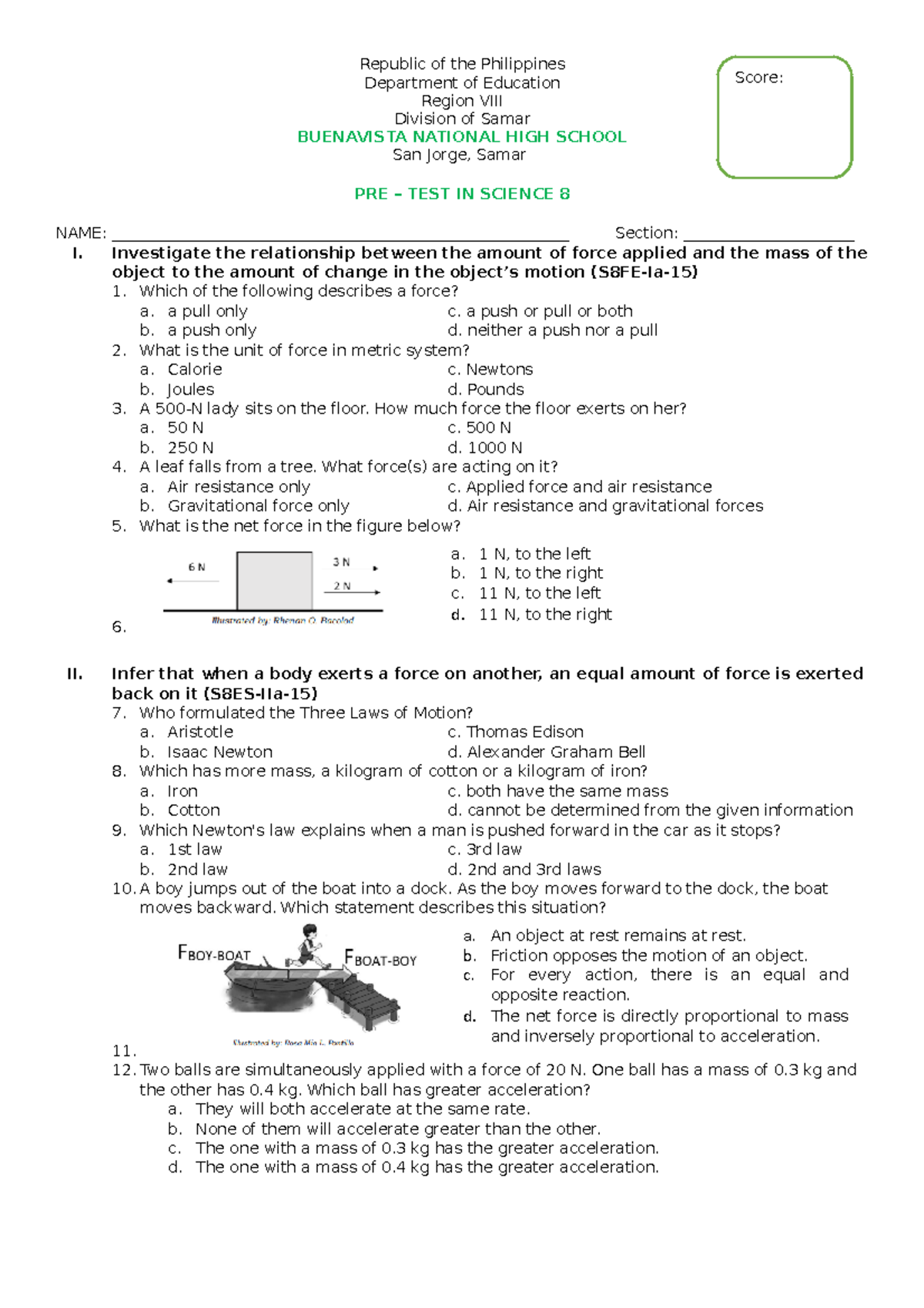 Pre-Test in Science 8: Understanding Forces and Energy Concepts - Studocu