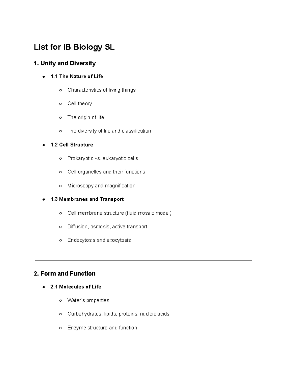IB Biology SL 1: Key Topics on Unity, Diversity, and Cell Function ...