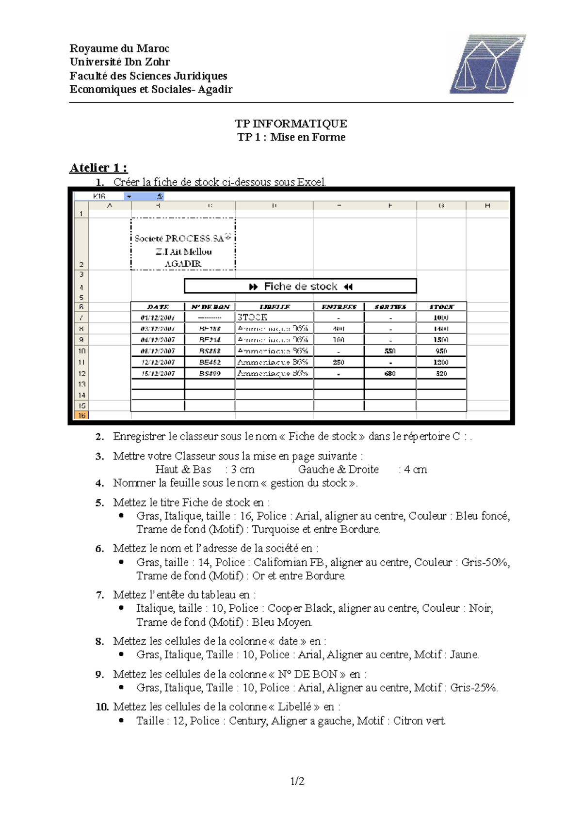 TP-N°1: Mise en Forme Excel - Atelier 1 & 2 - Studocu