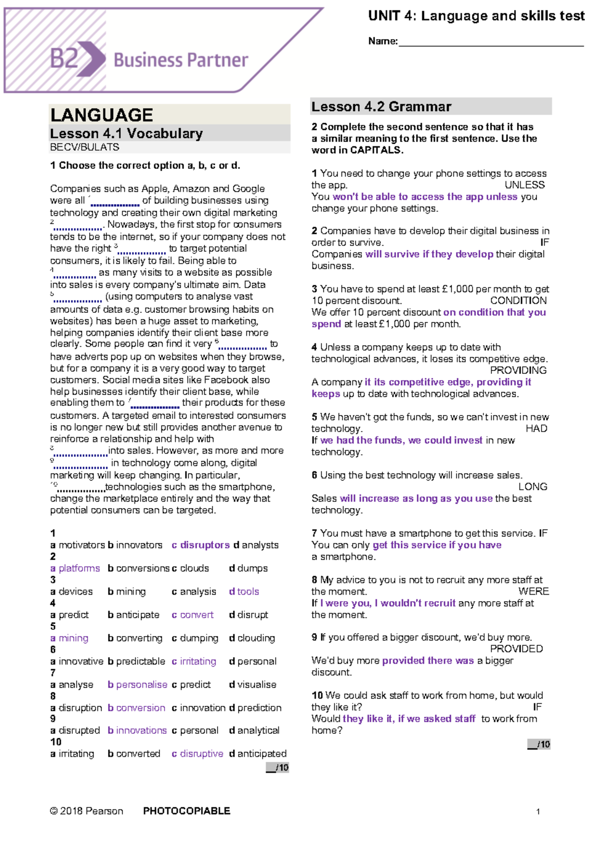 BP B2 Unit 4 Semestral Test: Vocabulary, Grammar & Functional Language ...