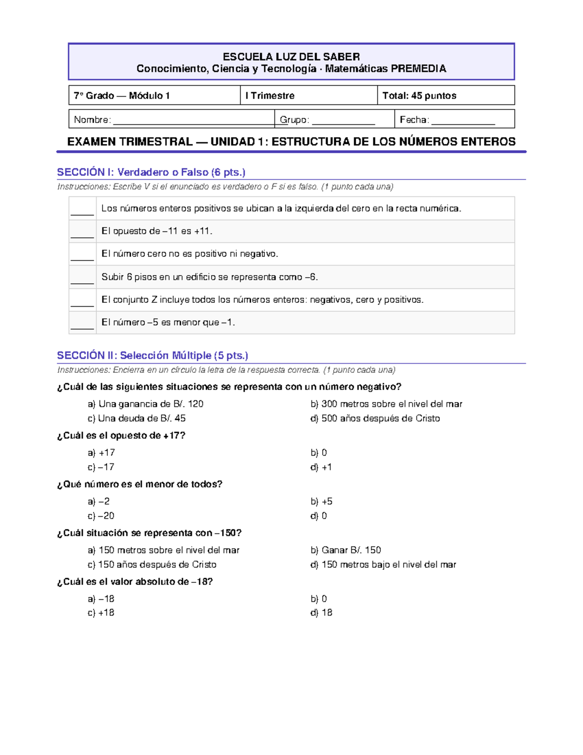 Examen Trimestral Unidad 1: Estructura de Números Enteros - PREMEDIA ...
